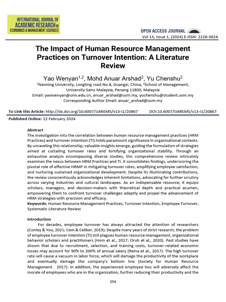 The Impact of Human Resource Management Practices On Turnover Intention A Literature Review ...