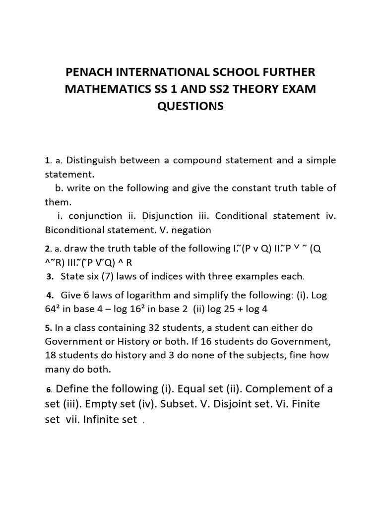 Penach International School Further Mathematics Ss 1 and Ss2 Theory ...