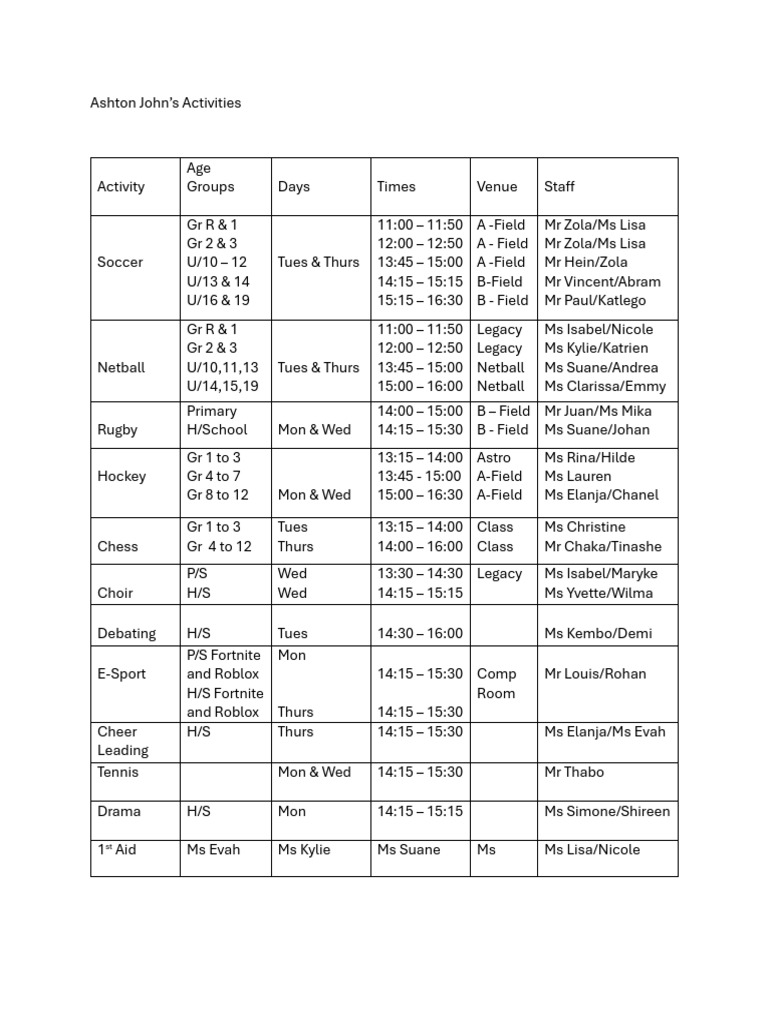 Ashton John's Sports and Activities Schedule | PDF