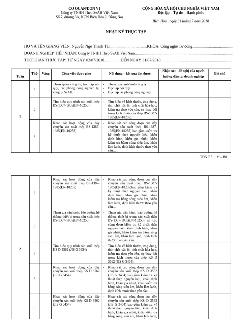 B8 Nhat Ky Thuc Tap | PDF
