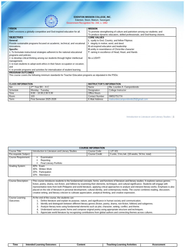 Introduction To Literature and Literary Studies Syllabus (FINISH) | PDF ...