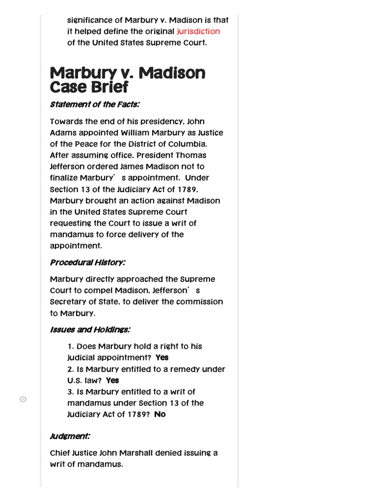 Marbury v. Madison - Case Summary and Case Brief | PDF | Marbury V. Madison | Supreme Court Of ...