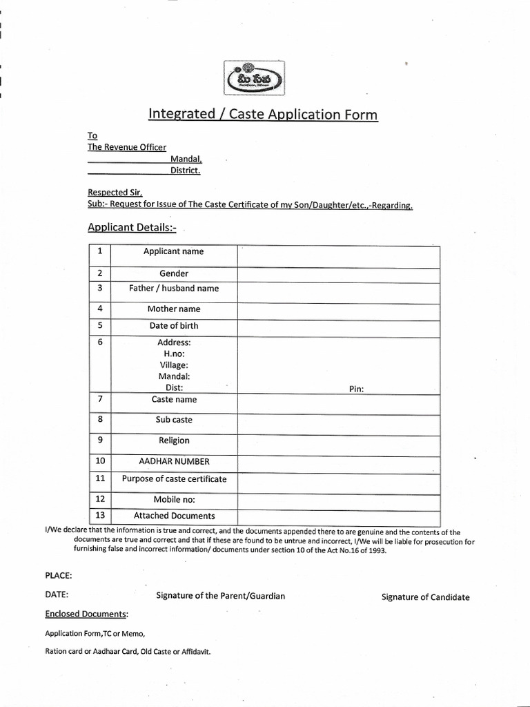 Caste Application Form | PDF