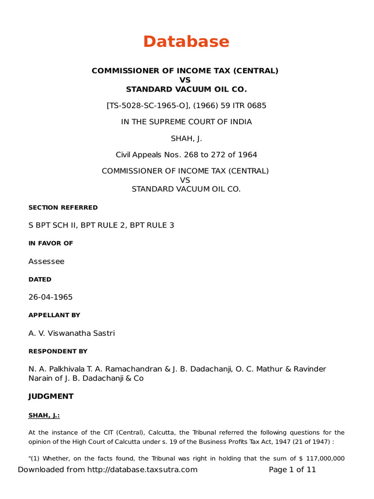 B) Commissioner of Income Tax Central Vs Standard Vacuum Oil Co Supreme ...