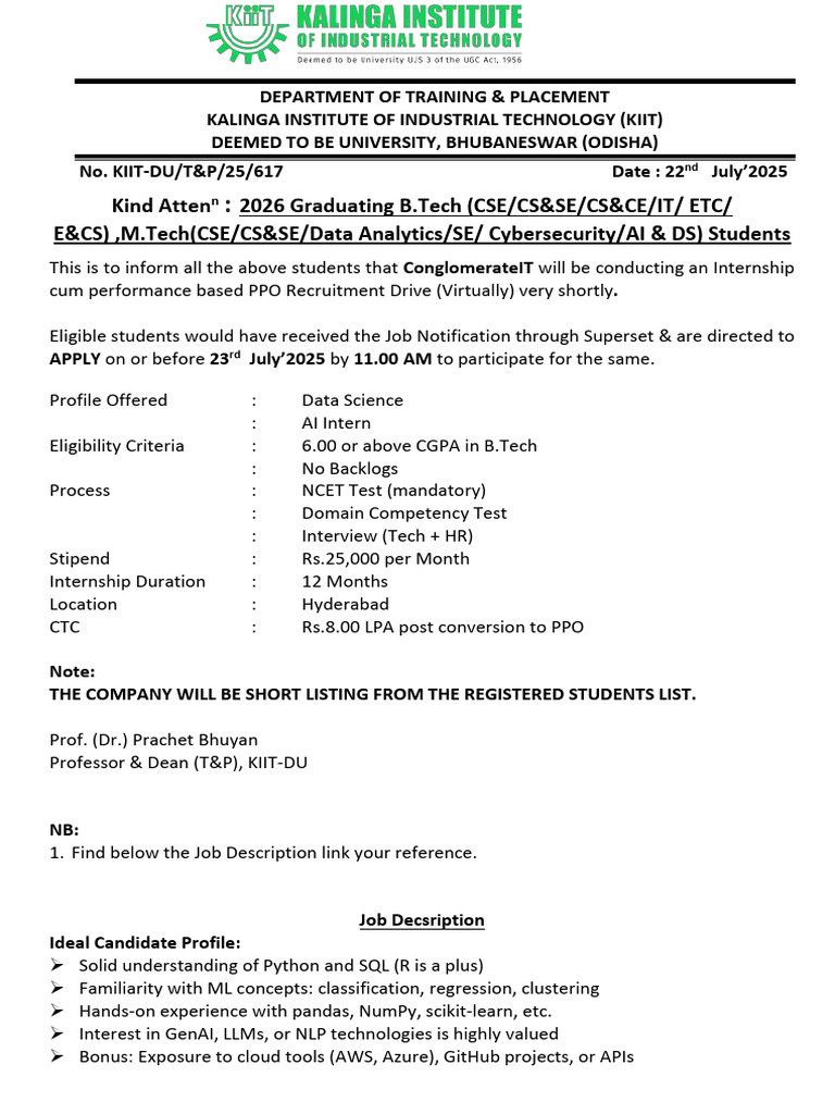 Registration For ConglomerateIT Internship Cum PPO Recruitment Drive-2026 Graduating Batch | PDF ...