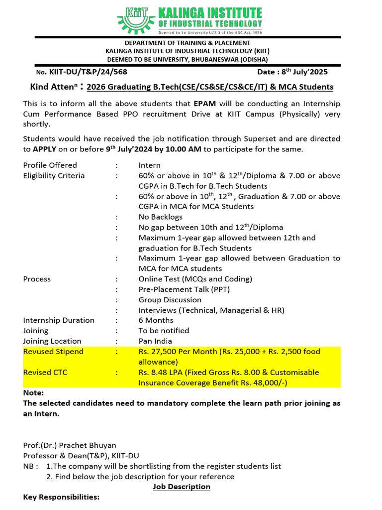 Revised Stipend & CTC Details For Reg - EPAM Internship Cum PPO Recruitment Drive - 2026 Batch ...