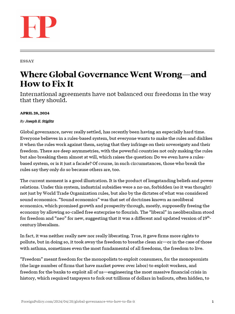Fixing Global Governance and WTO Issues | PDF | Neoliberalism | Taxes