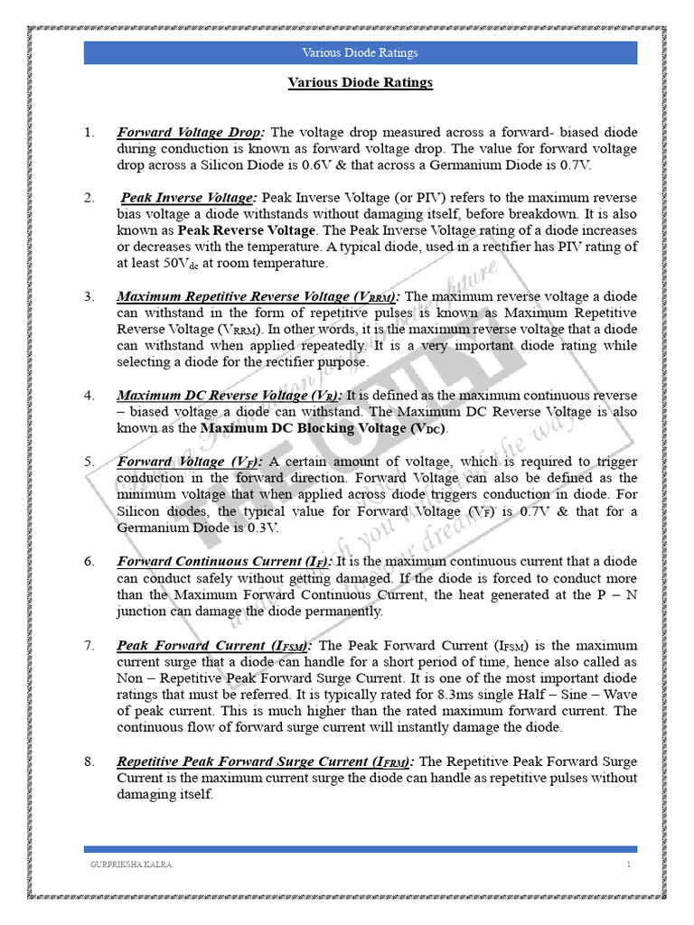 Various Diode Ratings (First Year) | PDF | Diode | P–N Junction