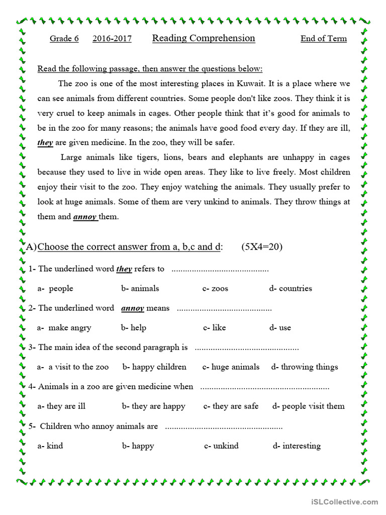 Grade 6 Zoo Reading Comprehension | PDF