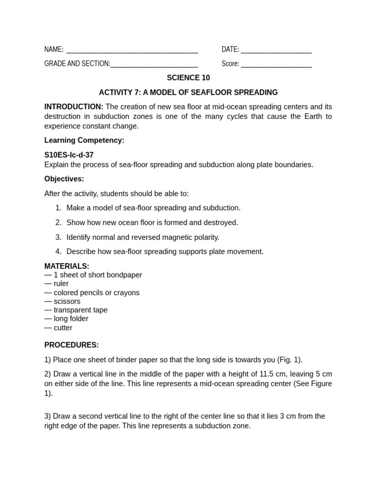 Seafloor Spreading Model Activity | PDF | Plate Tectonics | Hydrography