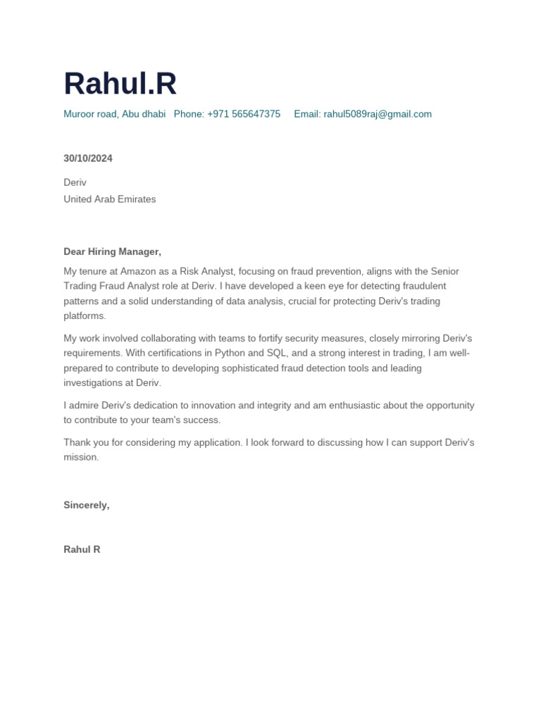 Deriv Cover Letter | PDF