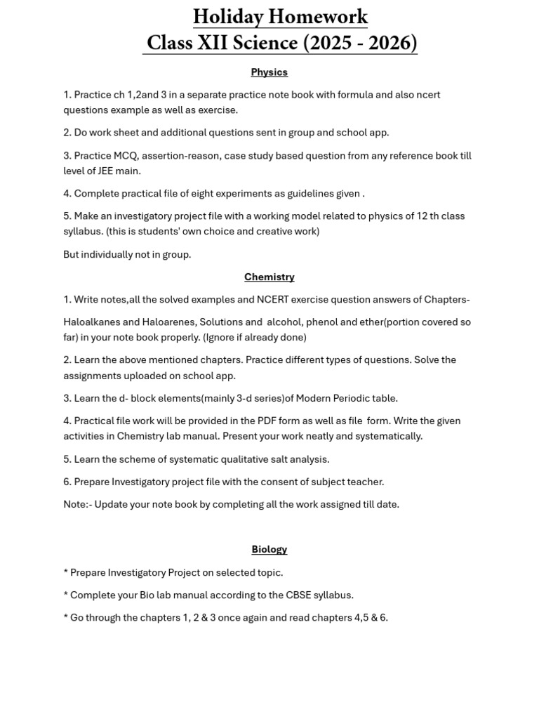 Holiday Homework Class XII Science (2025 - 2026) | PDF | Sql