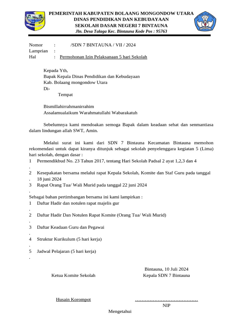Surat Permohonan Izin Pelaksanaan 5 Hari Sekolah | PDF