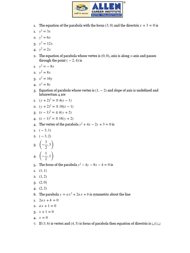 Parabola Equations and Problems Guide | PDF | Elementary Geometry ...