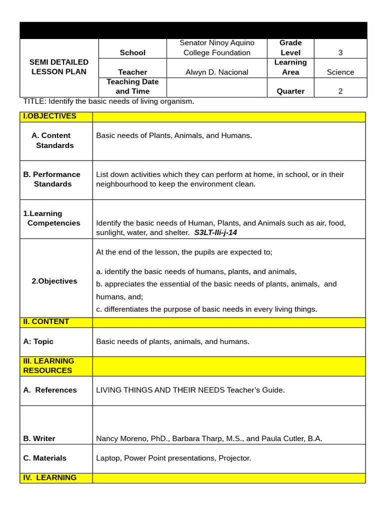 LP in Science Basic Needs of Plants, Animals and Humans | PDF ...