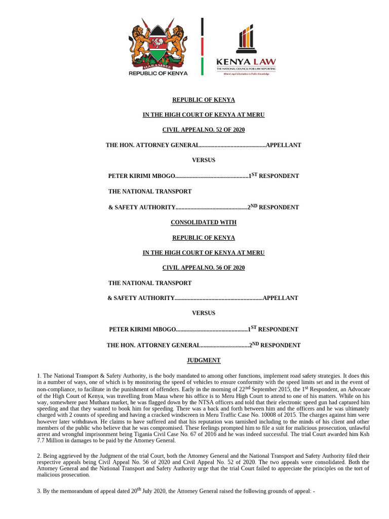Kenya High Court Malicious Prosecution Appeal | PDF | Damages | Prosecutor