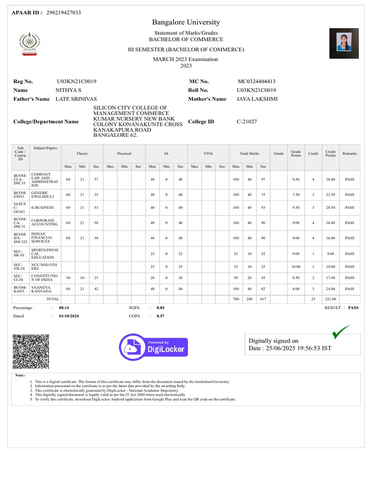 3rd Semester Marksheet for Nithya S | PDF