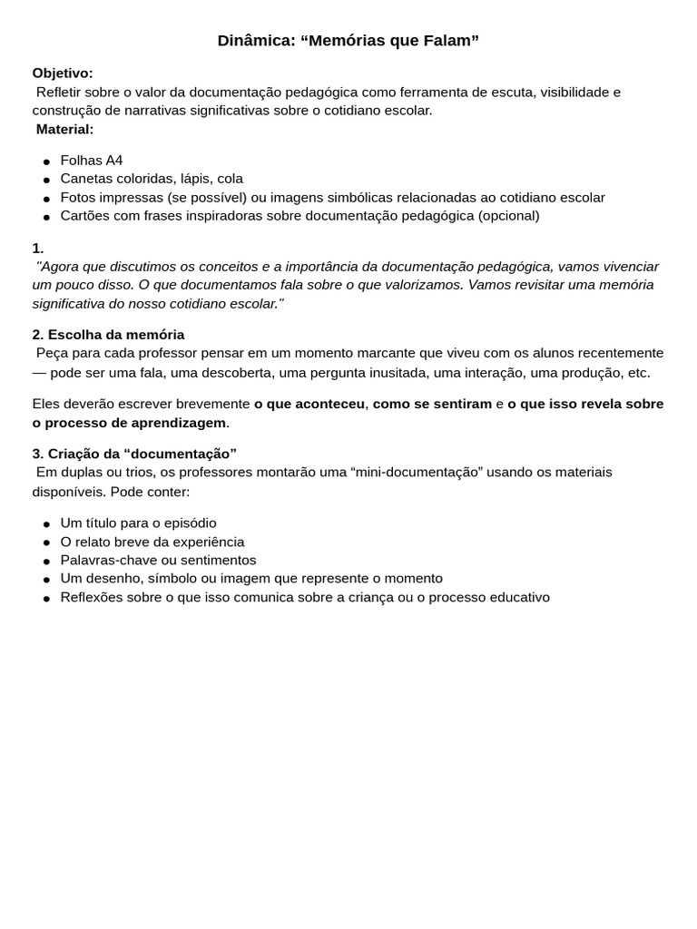 Dinâmica "Memórias Que Falam" | PDF
