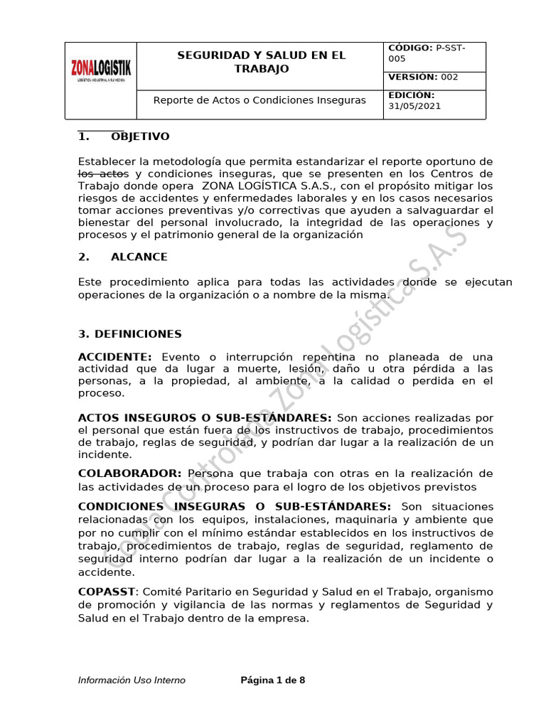 P-SST-005 Procedimiento de Reporte de Actos y Condiciones Inseguras V2 | PDF | Riesgo ...