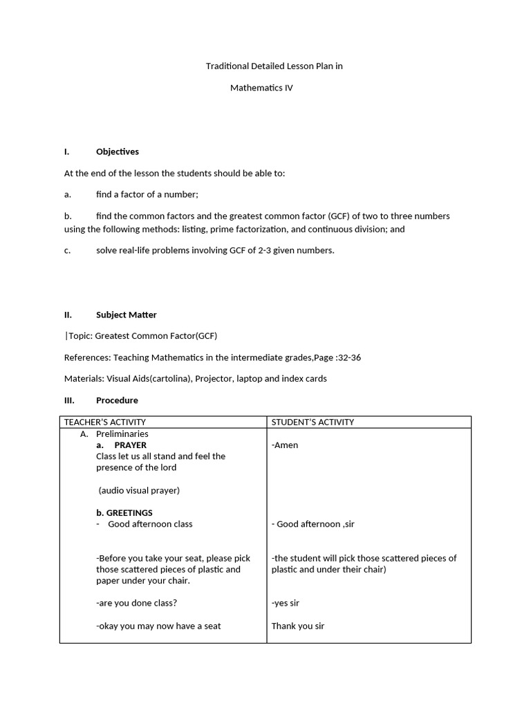Traditional Detailed Lesson Plan in MAth | PDF | Lesson Plan