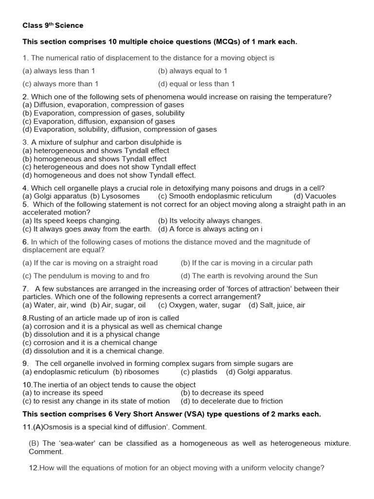 Class 9 Science This Section Comprises 10 Multiple Choice Questions (MCQS) of 1 Mark Each | PDF ...