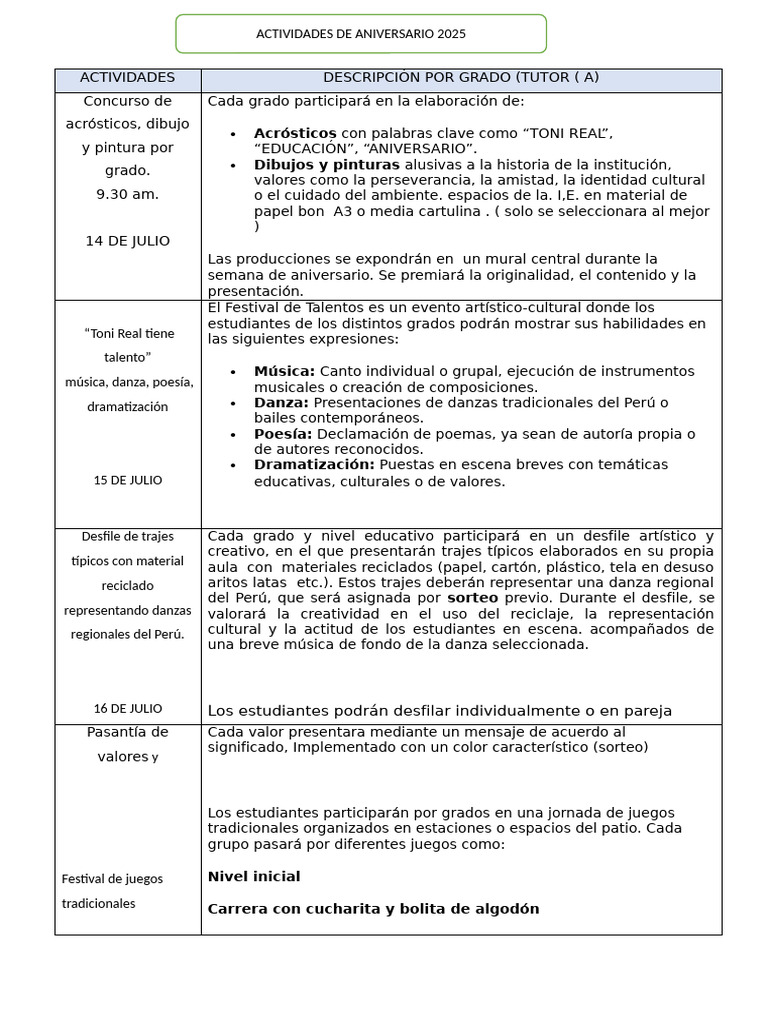 Actividades Aniversario Escolar 2025 | PDF | Bailes