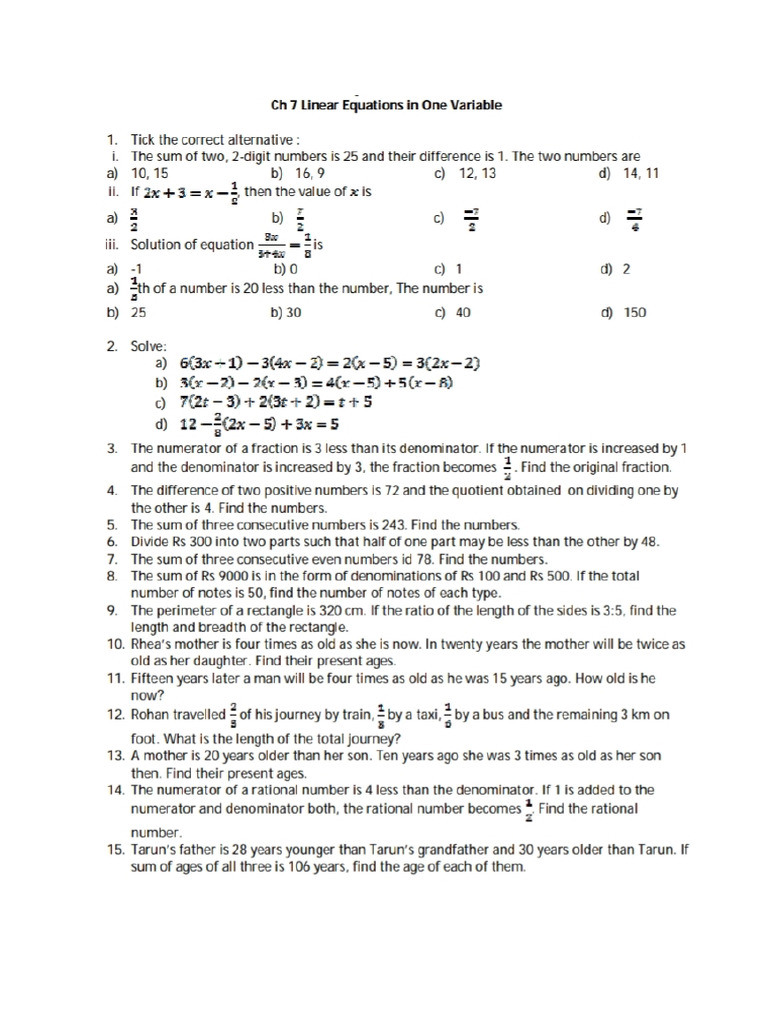 Linear Equations in One Variable | PDF