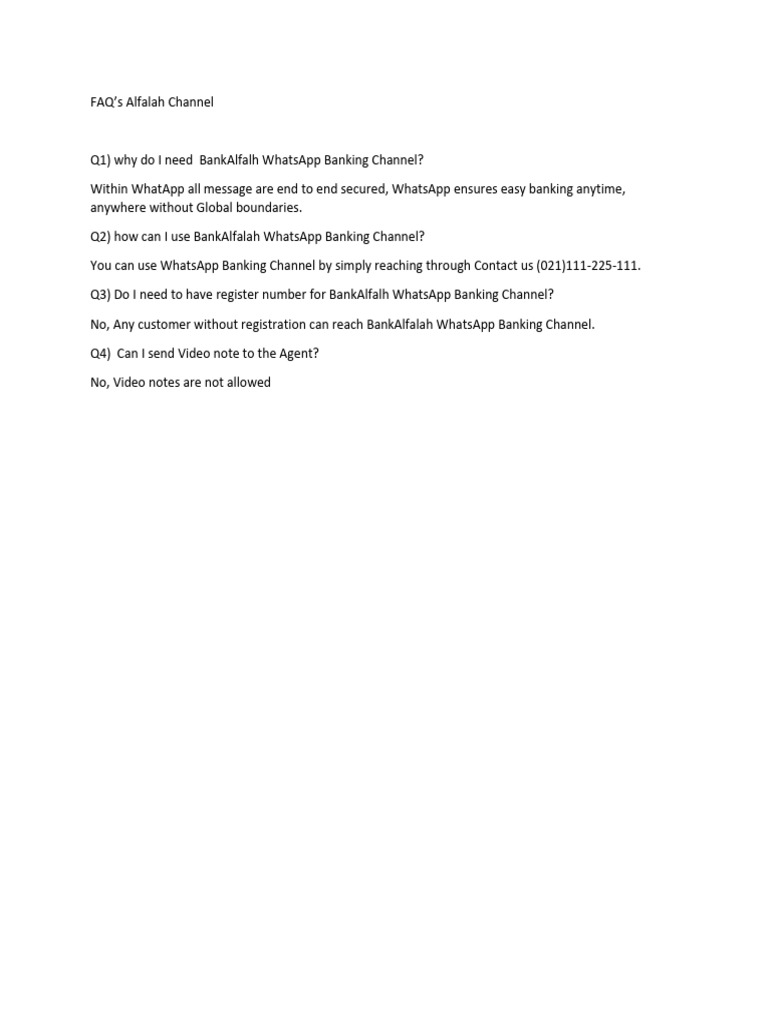 Bank Alfalah WhatsApp Banking FAQ | PDF