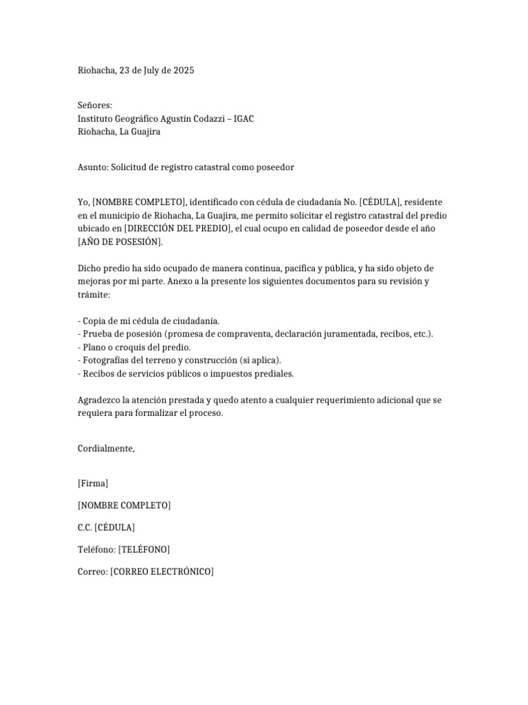 Carta Solicitud Catastro IGAC Riohacha | PDF