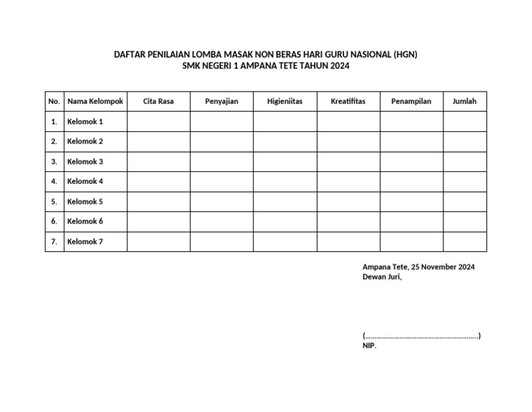 Daftar Penilaian Lomba HGN 2024 | PDF