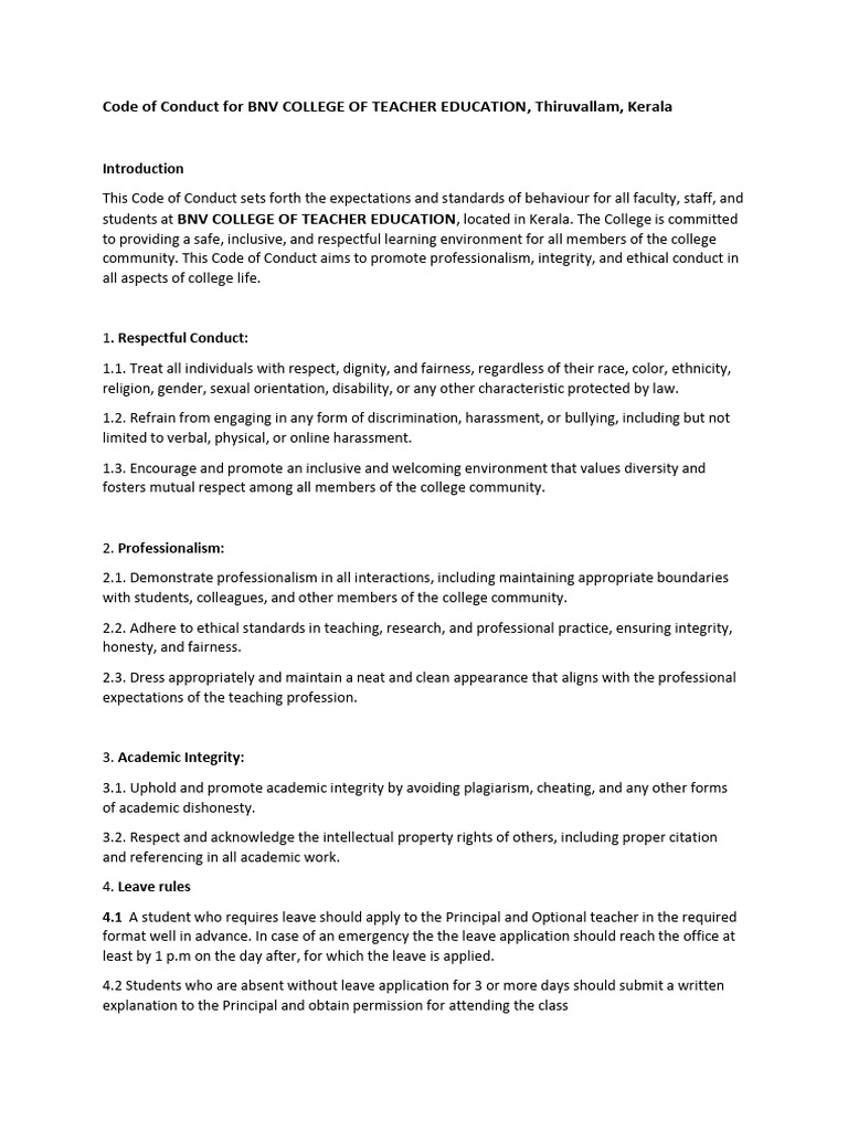 BNV College Code of Conduct | PDF | Academic Integrity | Social Ethics