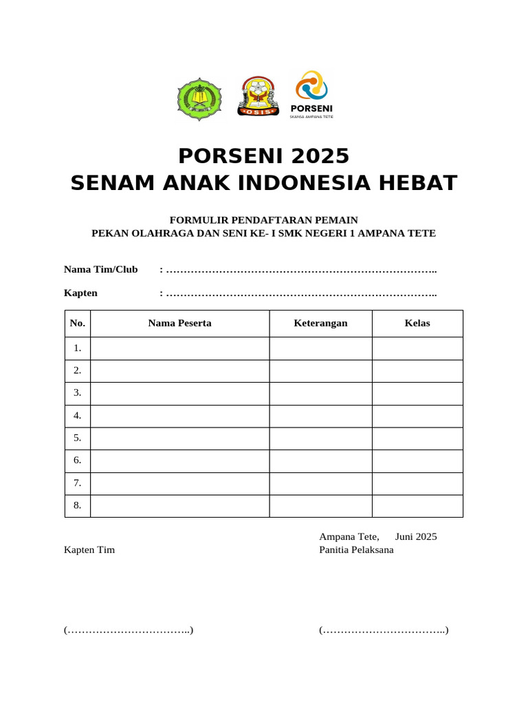 Formulir Pendaftaran PORSENI 2025 | PDF