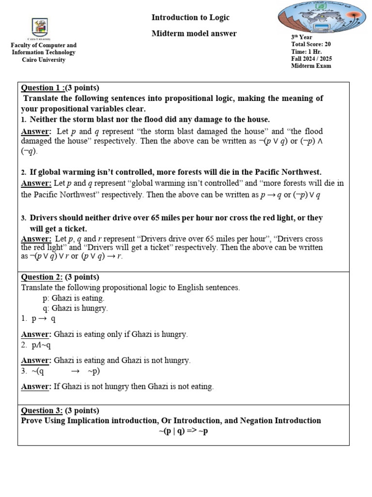 Midterm Exam: Introduction to Logic | PDF | Mathematical Logic | Syntax ...