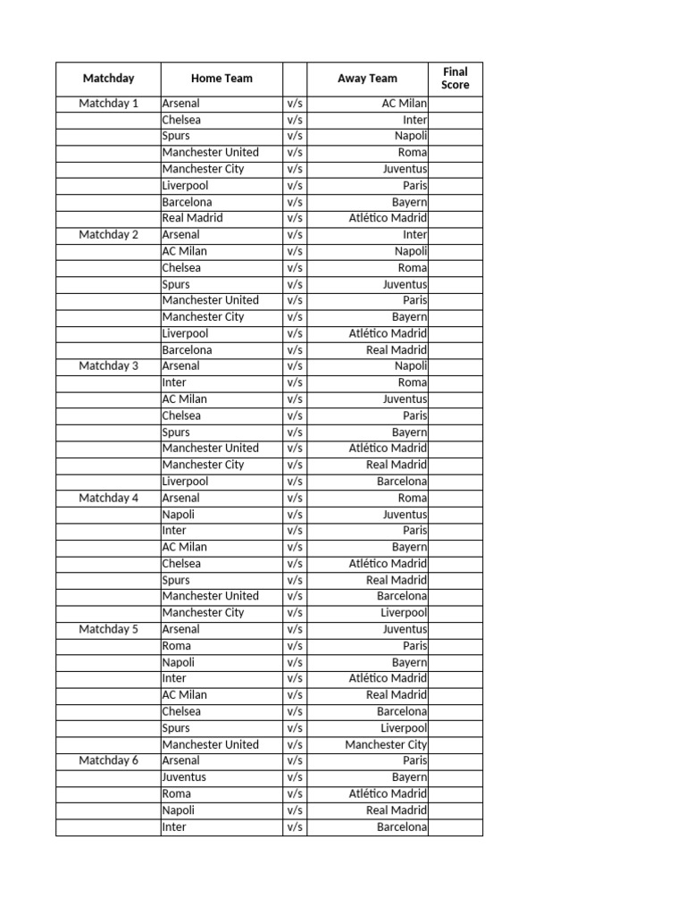 16-Team League Matchday Schedule | PDF | Fc Barcelona | Manchester ...