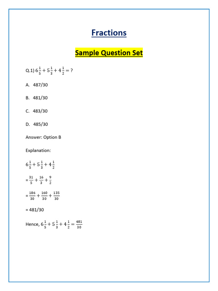 Fractions Sample Questions Anmc | PDF | Arithmetic | Mathematical Concepts