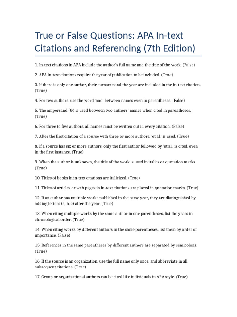 APA True or False Questions With Answers | PDF | Citation | Apa Style