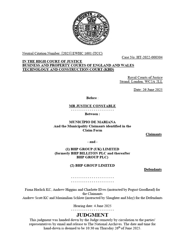 Municipio de Mariana & Ors V BHP Group (UK) LTD & Anor (2025) EWHC 1601 ...