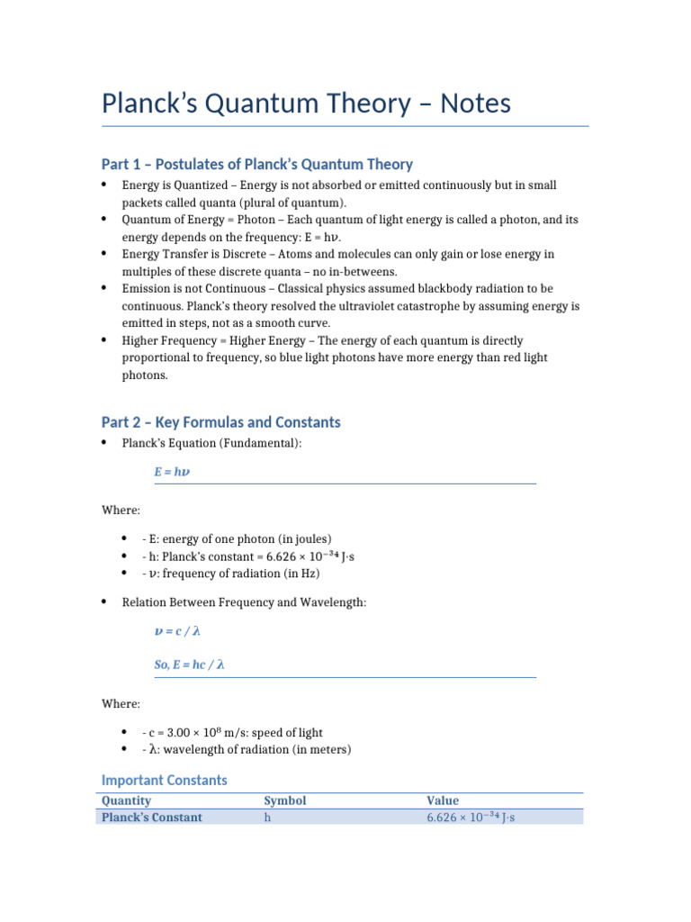 Plancks Quantum Theory Notes | PDF