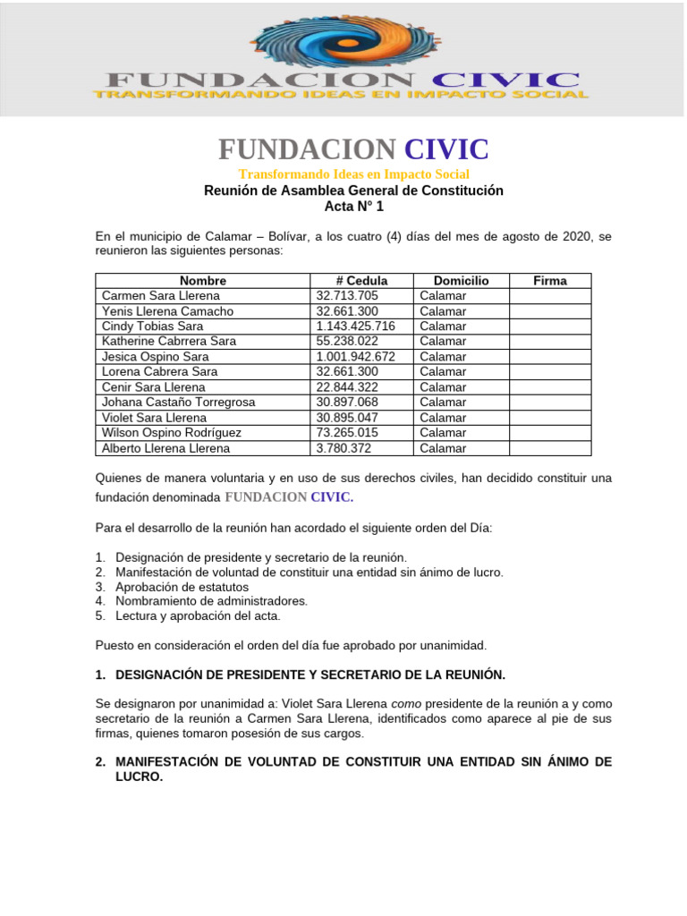 Modelo de Acta de Constitucion y Estatutos Fundacion | PDF | Fundación (sin fines de lucro ...