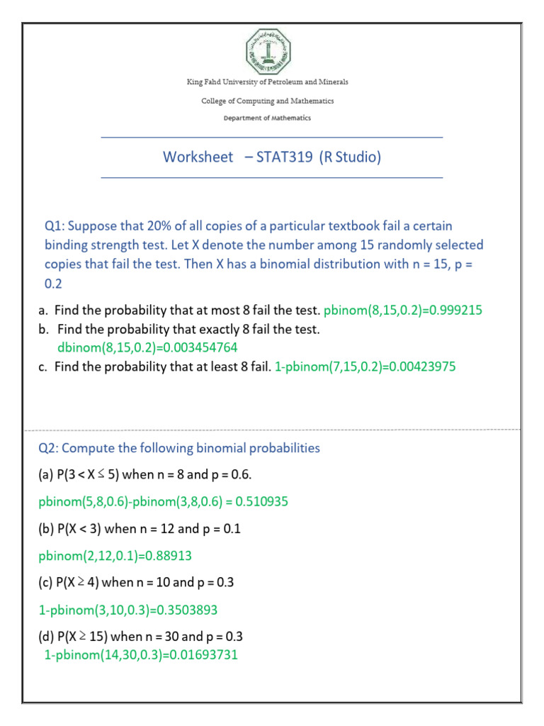 Worksheet STAT319 (R Studio) : Pbinom (8,15,0.2) 0.999215 Dbinom (8,15 ...