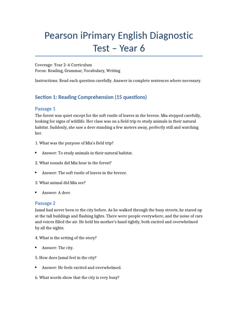 English Diagnostic Test Y6 With Answer Key | PDF | Verb | Syntax