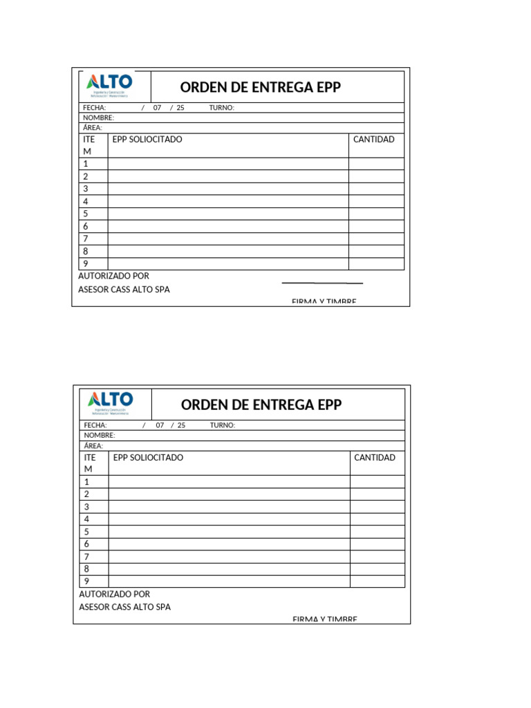 Formato Orden de Entrega Epp | PDF