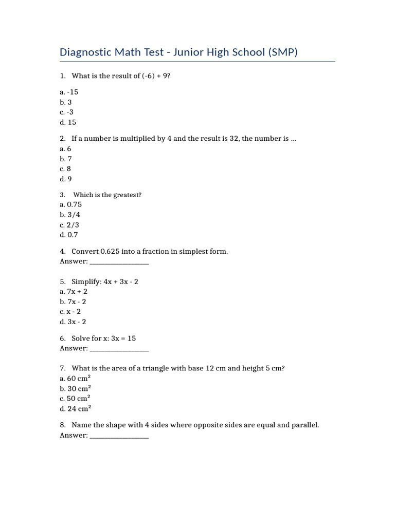 Junior High Diagnostic Math Test | PDF