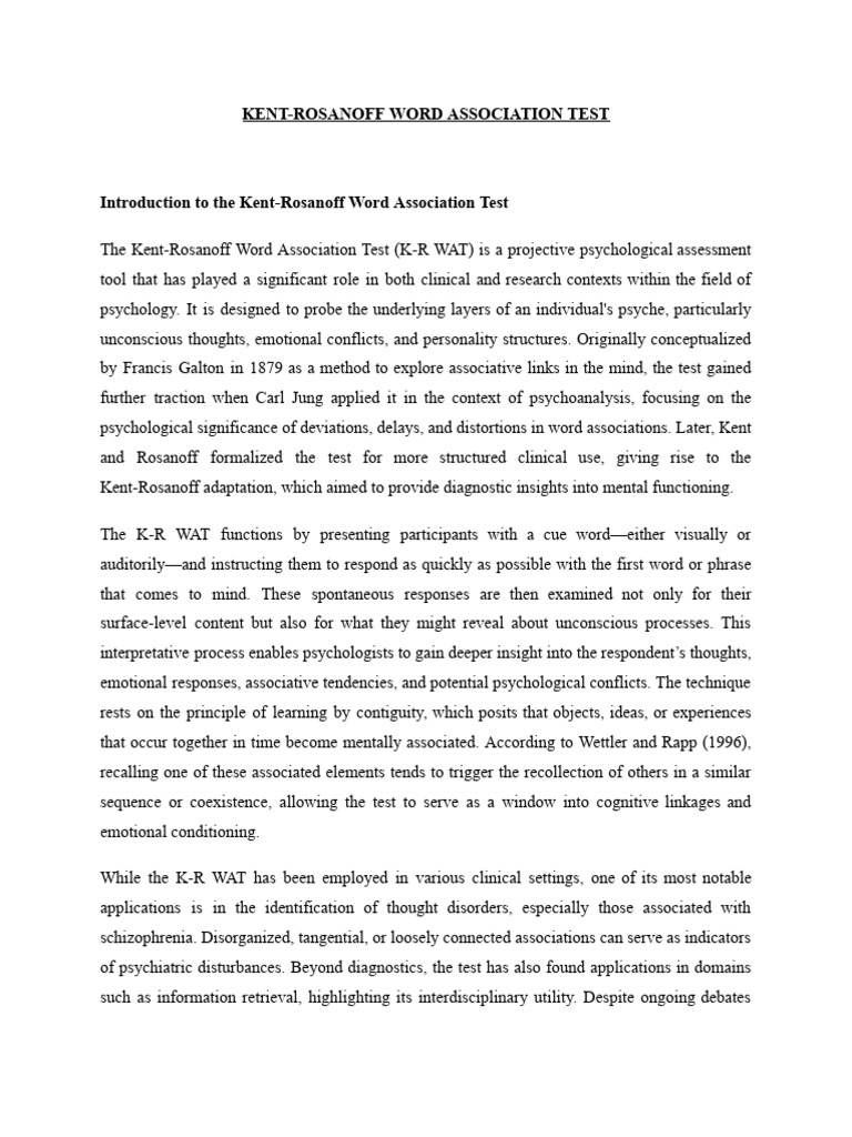 Kent-Rosanoff Word Association Test Overview | PDF | Unconscious Mind ...