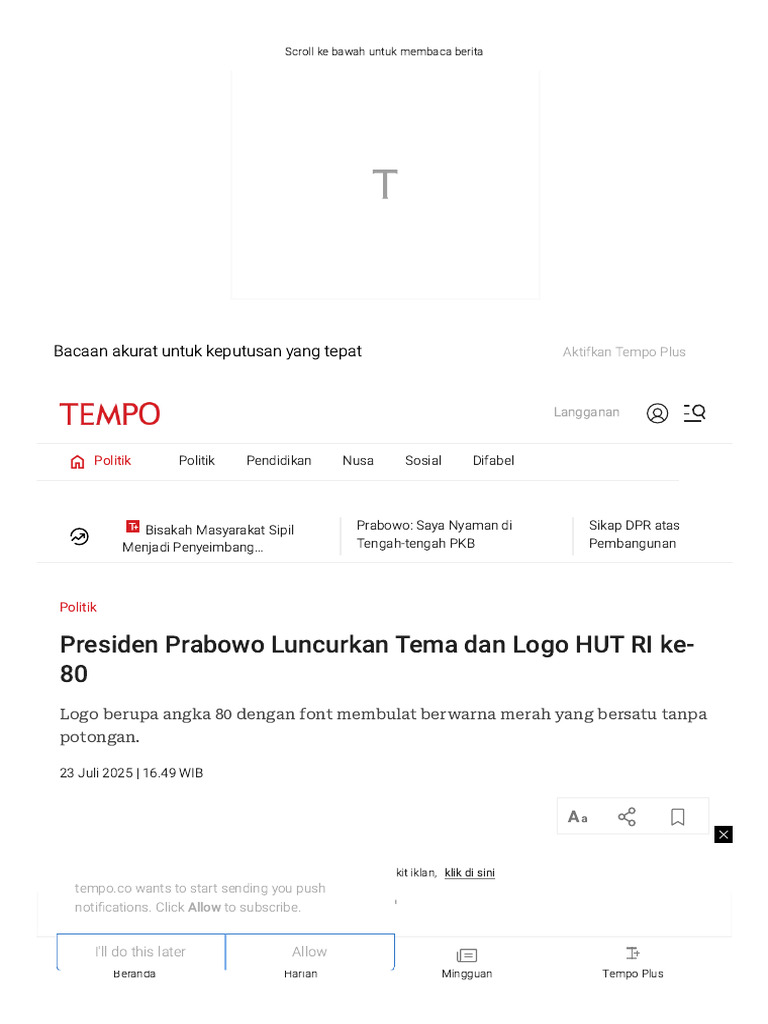 Presiden Prabowo Luncurkan Tema Dan Logo HUT RI Ke-80 _ Tempo.co | PDF