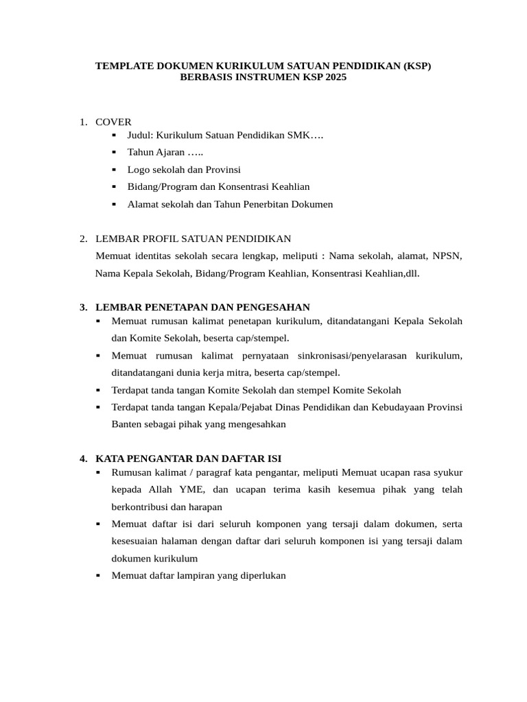Template Dokumen Kurikulum Satuan Pendidikan 2025 Berbasis Instrumen Monev KSP | PDF
