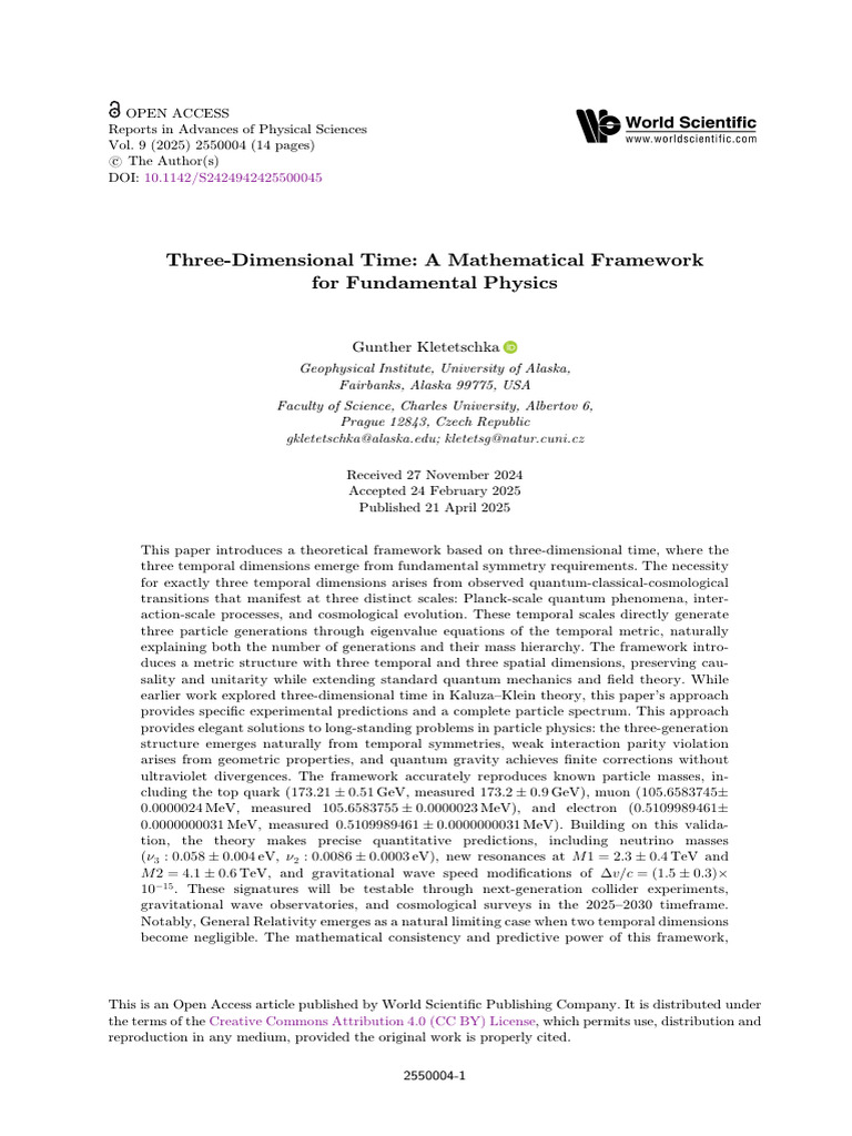 Kletetschka 2025 Three Dimensional Time A Mathematical Framework For Fundamental Physics | PDF ...