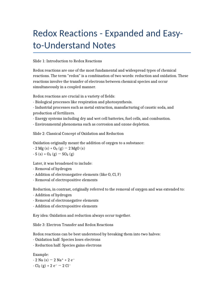 Redox Reactions Expanded Notes | PDF | Redox | Chemical Reactions