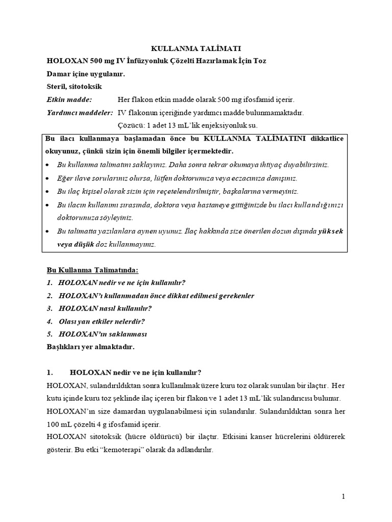 Holoxan 500 MG IV Infuzyonluk Cozelti Hazirlamak Icin Toz KT | PDF