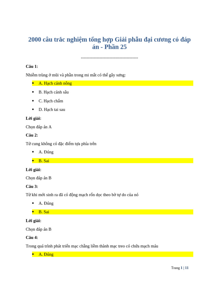 2000 Cau Trac Nghiem Tong Hop Giai Phau Dai Cuong Co Dap An Phan 25 - 2025 - 06 - 09 | PDF